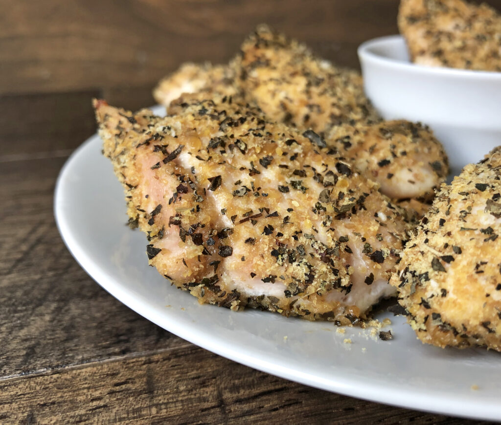 Honey & Basil Flax Crusted Chicken Tenders - Bake It Paleo
